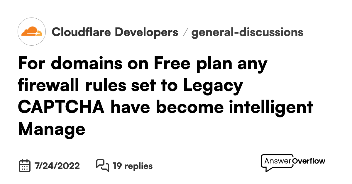 > For domains on Free plan, any firewall rules set to Legacy CAPTCHA have become intelligent ...