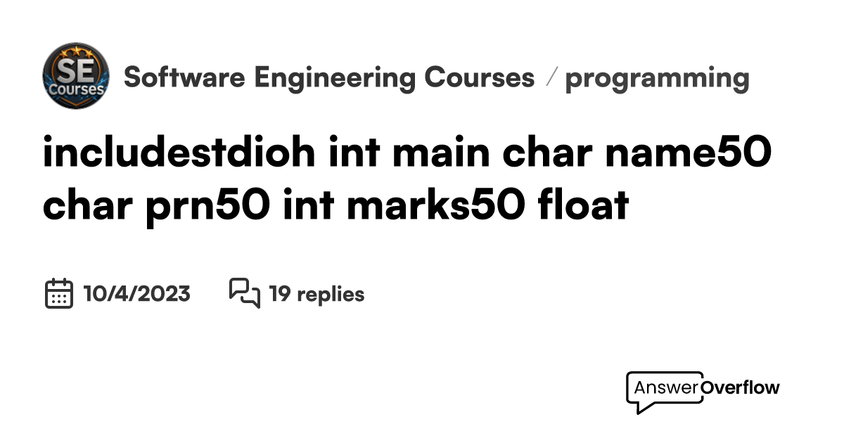 ```#include int main() { char name[50]; char prn[50]; int marks[50]; float average; printf ...