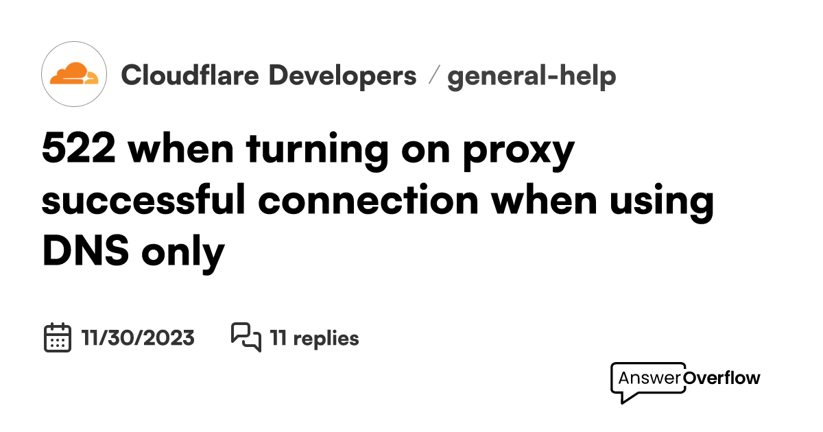 522 when turning on proxy, successful connection when using DNS only - Cloudflare Developers