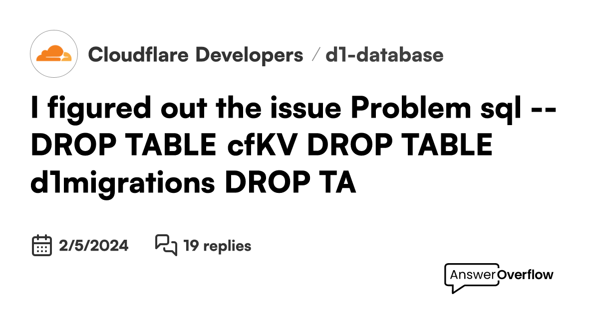 I figured out the issue. # Problem: ```sql -- DROP TABLE _cf_KV; DROP TABLE d1_migrations; DROP ...