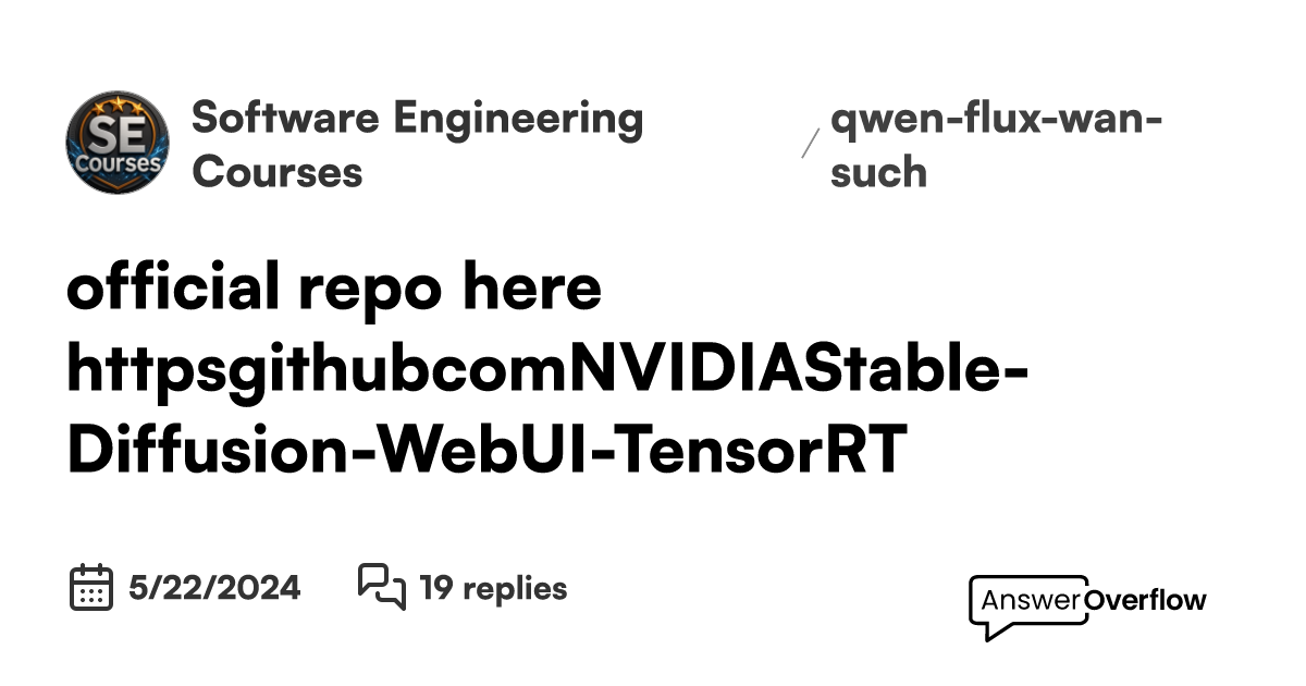 official repo here : https://github.com/NVIDIA/Stable-Diffusion-WebUI-TensorRT - Software ...