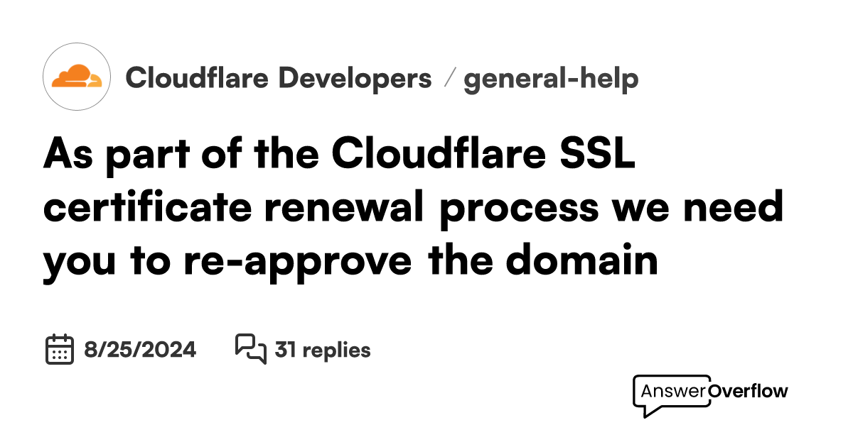 As part of the Cloudflare SSL certificate renewal process, we need you to re-approve the domain ...